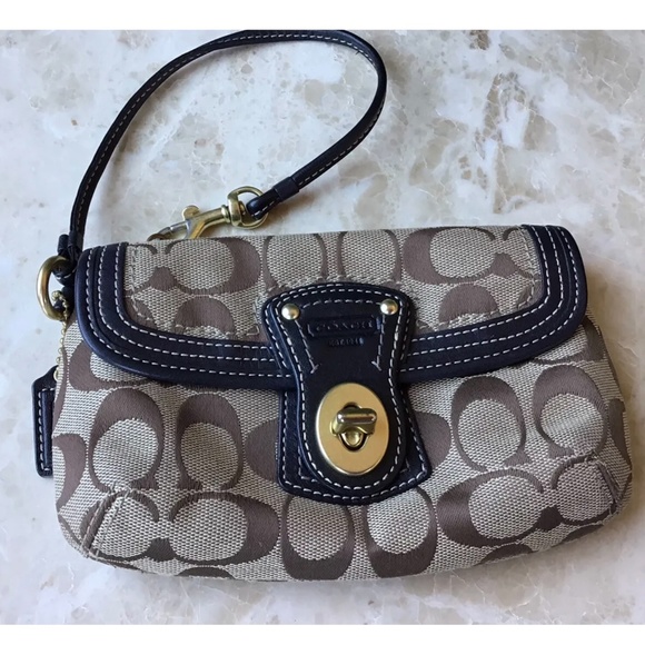 Coach | Bags | Coach Signature Brown Womens Turnlock Flap Wristlet ...